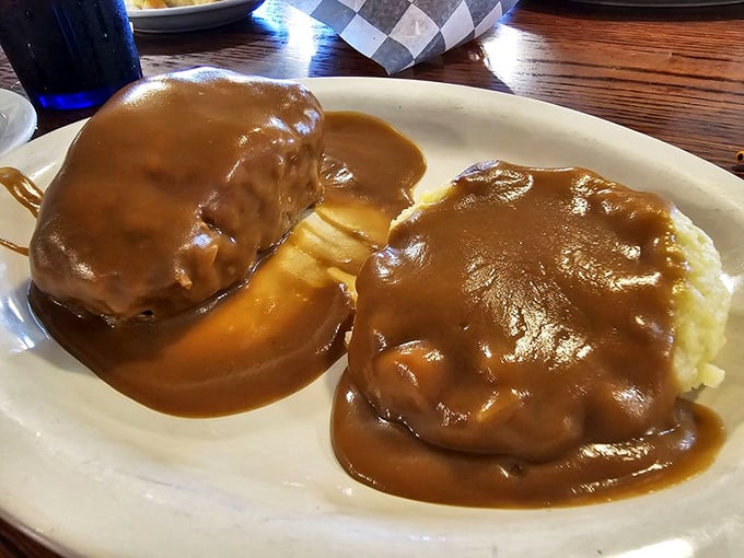 Meatloaf and mashed potatoes swimming in gravy&mdash;the kind of plate that makes you want to call your cardiologist and your mother in the same breath.