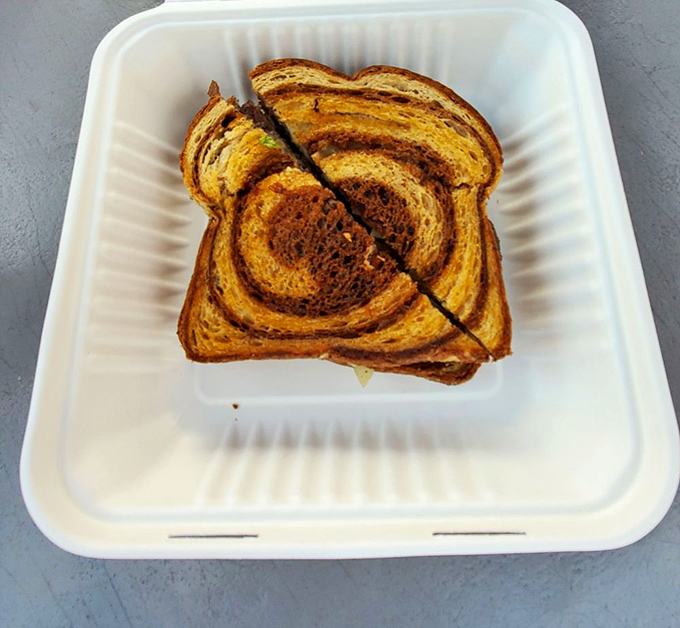 The marbled rye swirl isn't just for show&mdash;it's the perfect canvas for what might be the most photogenic grilled cheese in Central Oregon.