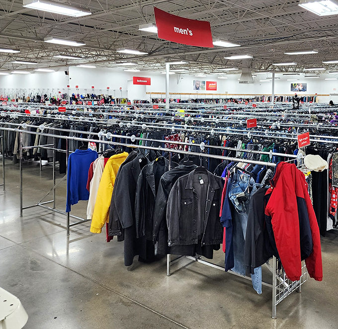 The men's department stretches to the horizon, a sea of potential wardrobe refreshes where patience rewards the persistent bargain hunter.