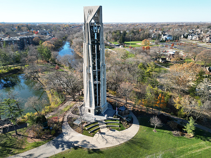 The Millennium Carillon tower reaches skyward like a modern-day Babel, except instead of confusion, it delivers harmonious bell music across the suburbs.