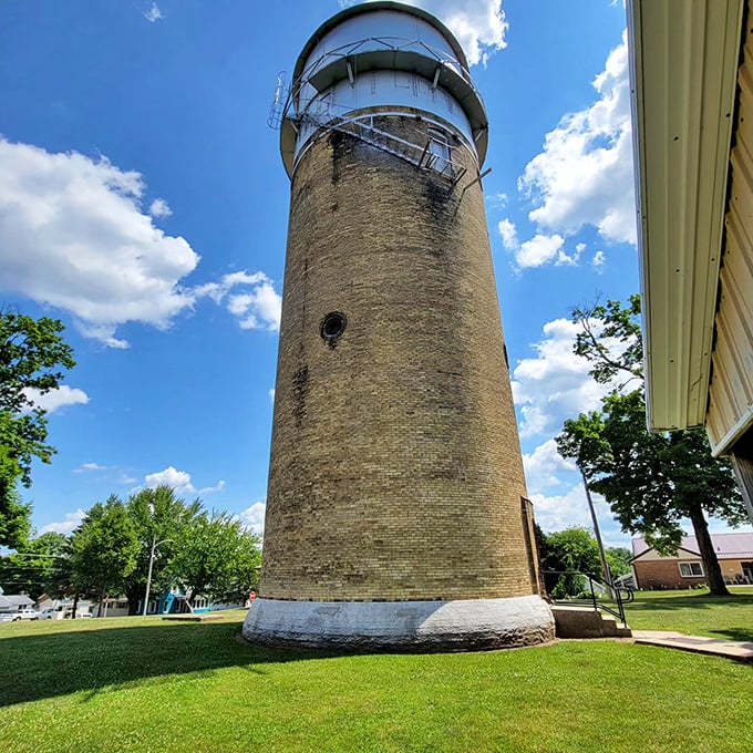 The Monroe Water Tower watches over the town like a friendly giant with excellent posture.