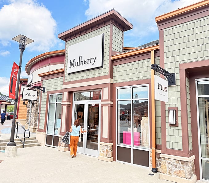 Mulberry's storefront blends English heritage with New York bargain hunting, proving good taste and good deals aren't mutually exclusive.