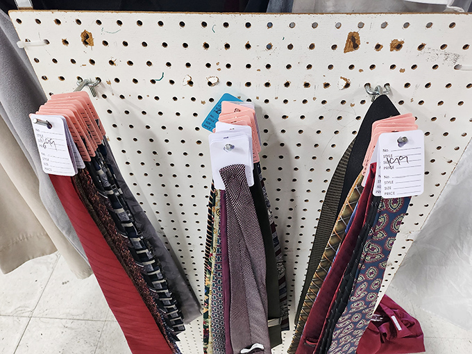 The necktie collection&mdash;where corporate America's cast-offs find new life. Each silk pattern represents someone's boardroom victory or holiday party fashion statement.