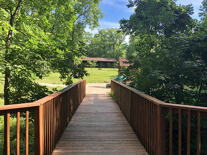 A wooden footbridge at New Glarus Woods State Park invites exploration. Nature doesn't need a passport to feel authentically Swiss in these parts.