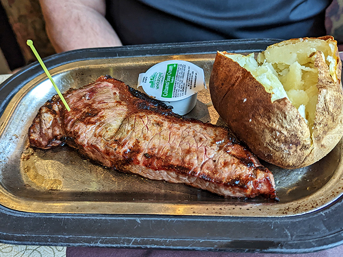 New York strip cooked to perfection, because even landlocked states know how to handle their beef.