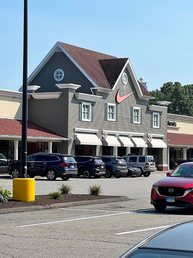 Nike's distinctive swoosh adorns this colonial-style building&mdash;proof that cutting-edge athletic wear and traditional New England architecture can coexist beautifully.