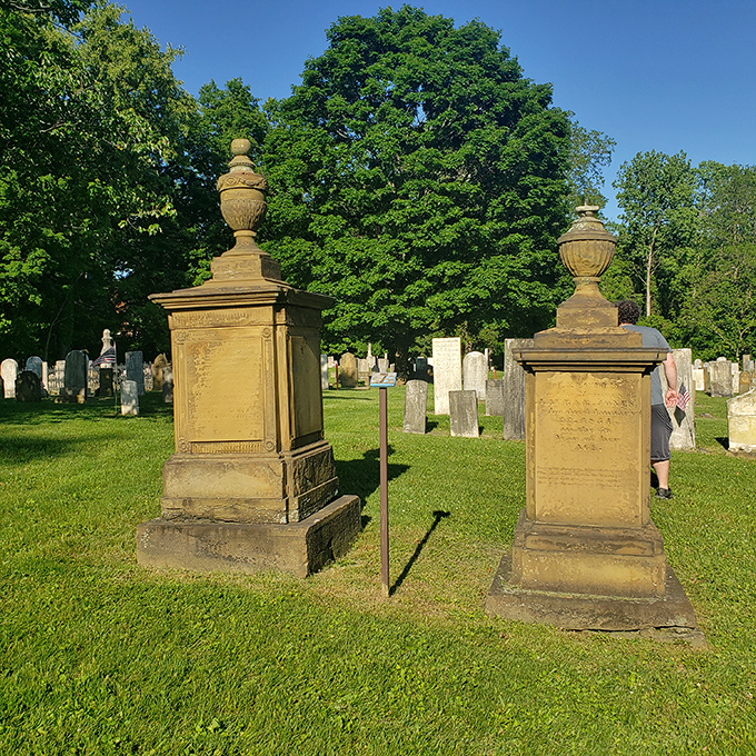 These ornate tombstones aren't just markers&mdash;they're history books in stone, telling tales of Granville's founders with elegant, weathered eloquence.