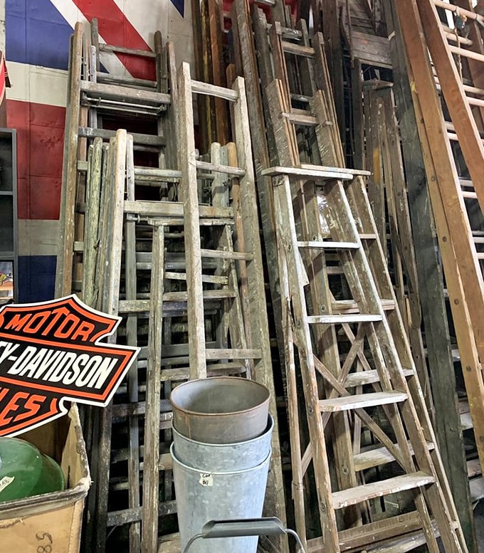 Ladder heaven! These weathered wooden climbers have graduated from functional tools to Pinterest-worthy decor. The Union Jack adds a cheeky British accent.