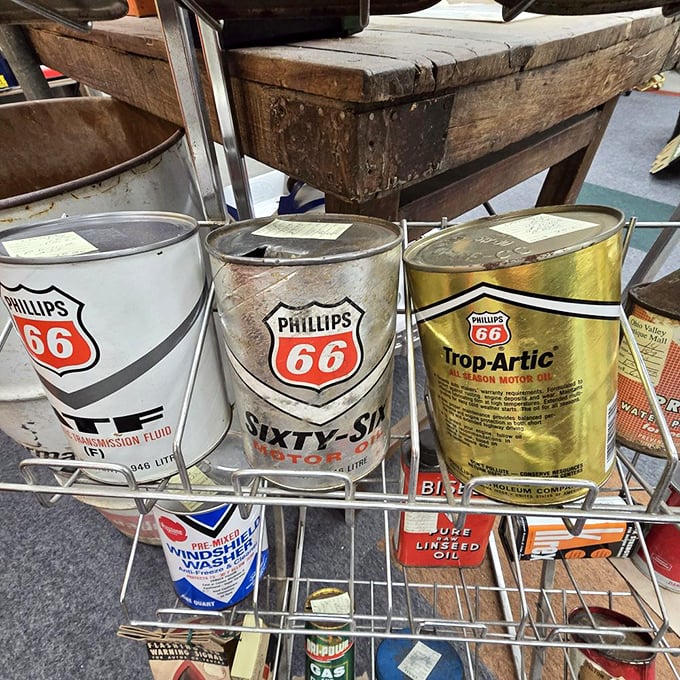 Phillips 66 oil cans that once lubricated the vehicles of a generation. When cars were simpler and changing your own oil wasn't considered an extreme sport.