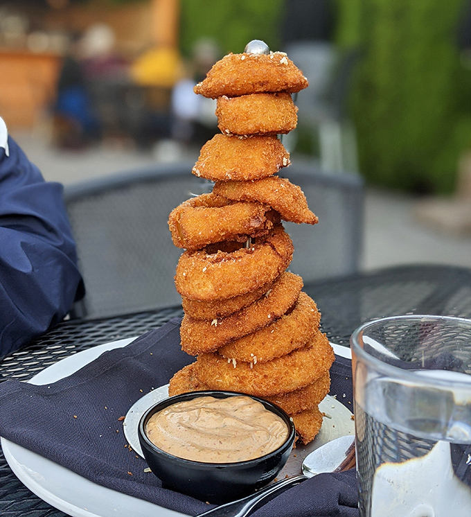 The leaning tower of onion rings! Stacked higher than my willpower, these golden-brown beauties are architecture you can eat.