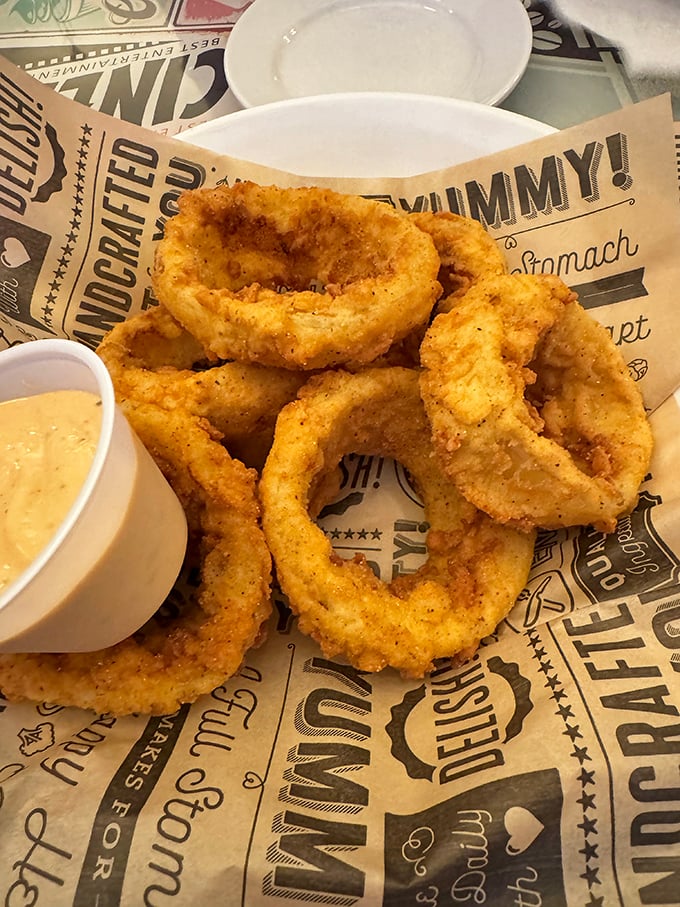 Golden halos of onion, fried to perfection&mdash;these rings aren't just appetizers, they're crunchy bracelets of joy that disappear all too quickly.