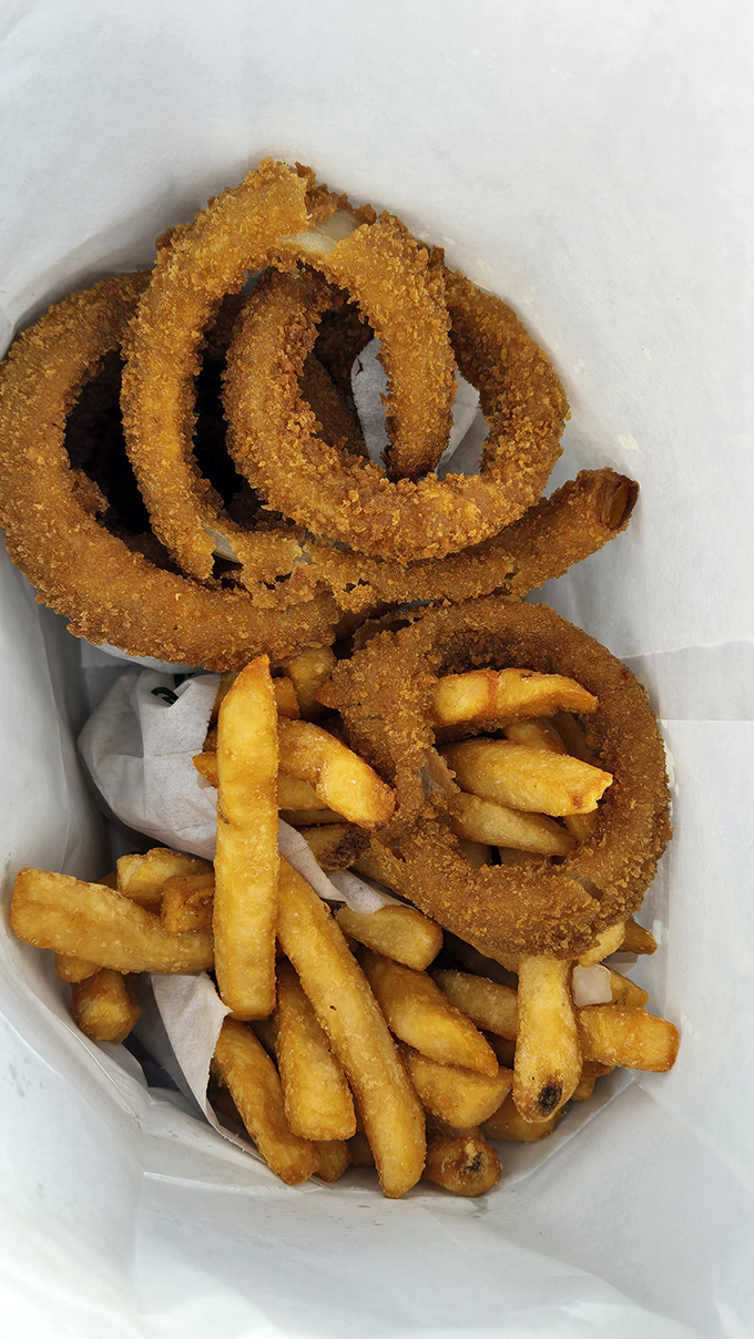 Crispy onion rings and golden fries - the supporting actors that sometimes steal the show from the burger headliners.