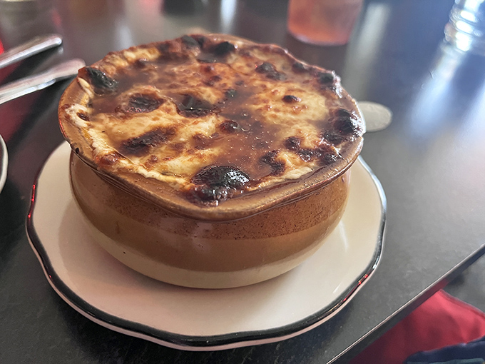 French onion soup with a cheese cap that stretches to the heavens. Comfort food that's dressed for a night out.