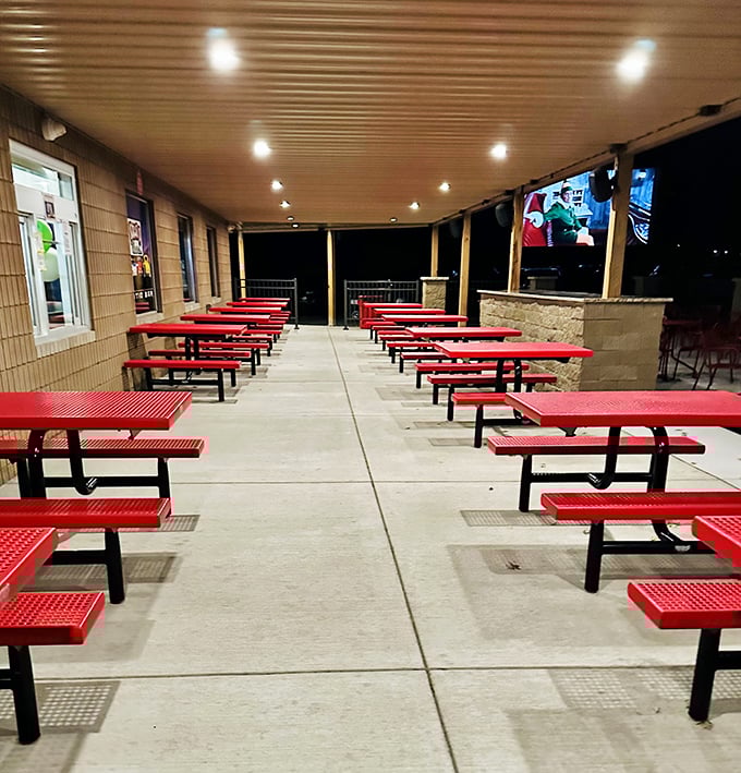 These red picnic tables offer the perfect intermission hangout spot. Stretch your legs, meet fellow movie lovers, and debate plot twists.