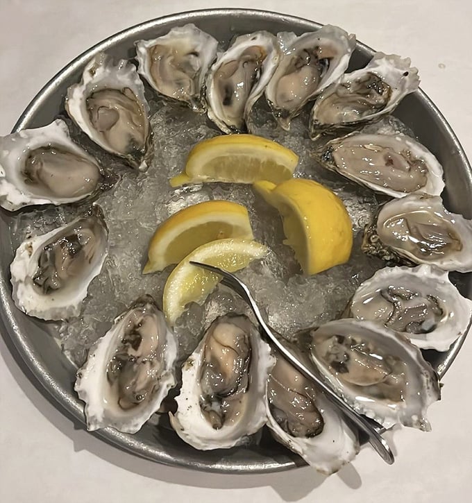 A dozen glistening oysters on ice, arranged like nature's perfect jewelry, just waiting to slide down your throat with a squeeze of lemon.
