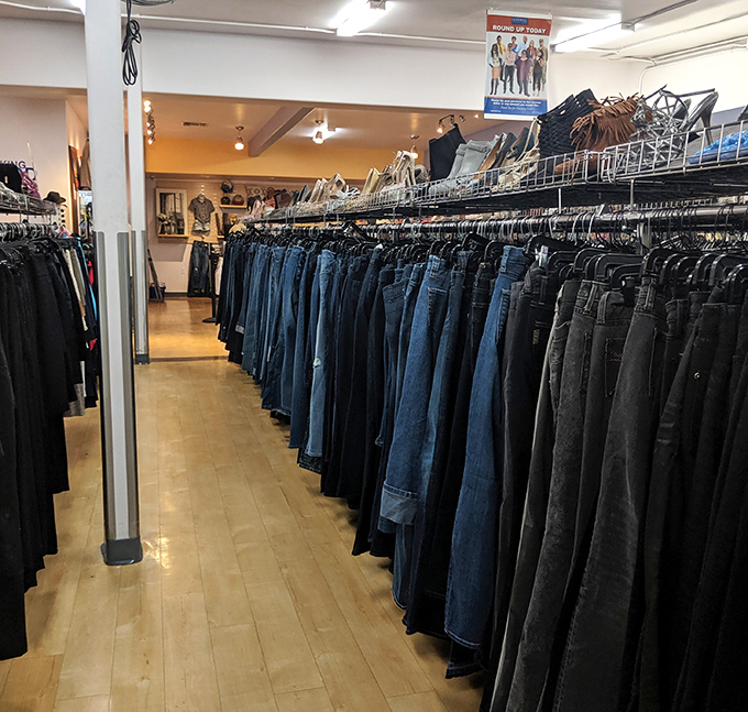 The denim section: where jeans of every wash, cut, and era stand at attention like a blue army ready for their next deployment.