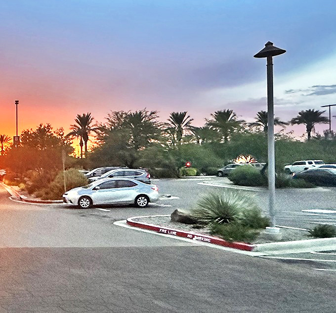 Even the parking lot offers a quintessential Arizona sunset view. Shopping with a side of desert drama.
