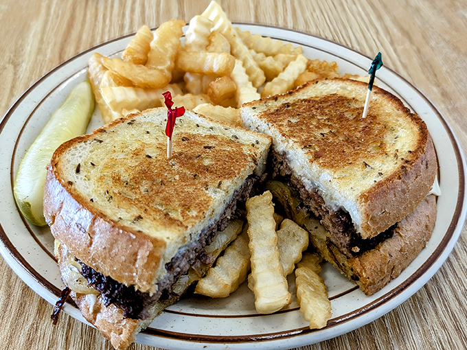 The patty melt comes with a mountain of fries because portion control is apparently not in this restaurant's vocabulary.