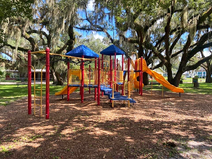 Perry City Park's playground sits beneath Spanish moss-draped oaks, where grandkids can burn energy while grandparents save their retirement funds.
