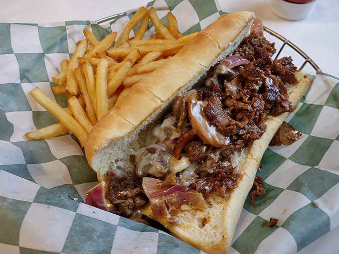 This Philly cheesesteak doesn't apologize for its magnificence &ndash; tender shaved beef and melted cheese nestled in a pillowy roll that would make Philadelphia proud.