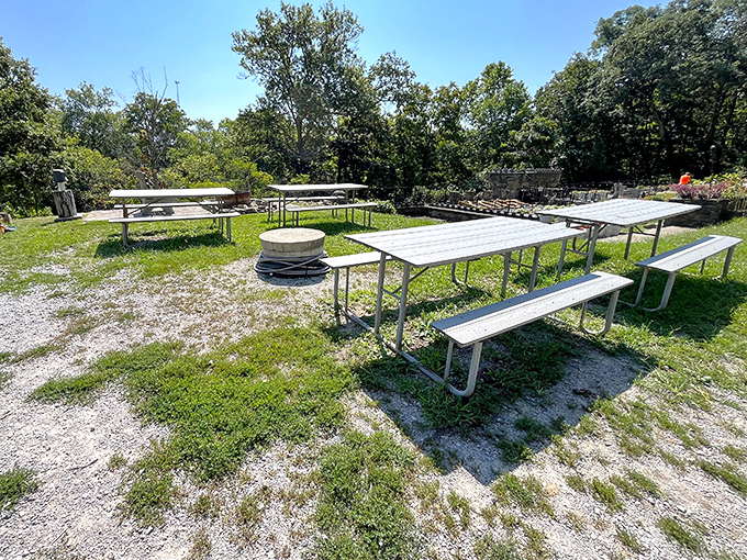 Picnic tables await visitors who bring their own feast. No medieval banquet required, though turkey legs would certainly be thematic.