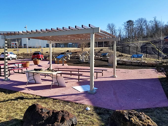 A shaded picnic area provides respite after fossil hunting. Because even paleontologists need lunch breaks between dinosaur discoveries.