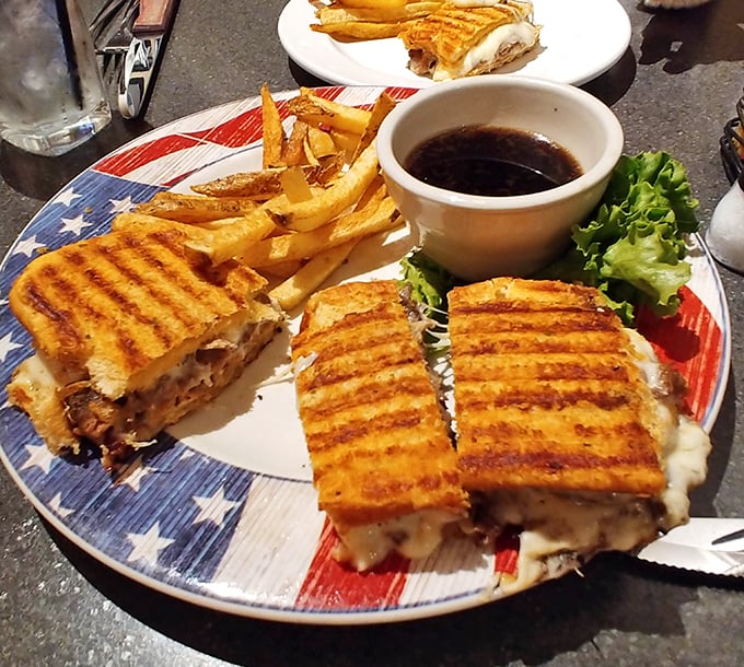 The patriotic plate isn't subtle, but neither is the flavor of this panini. Perfectly grilled bread giving way to melty goodness&mdash;America the Beautiful indeed! 