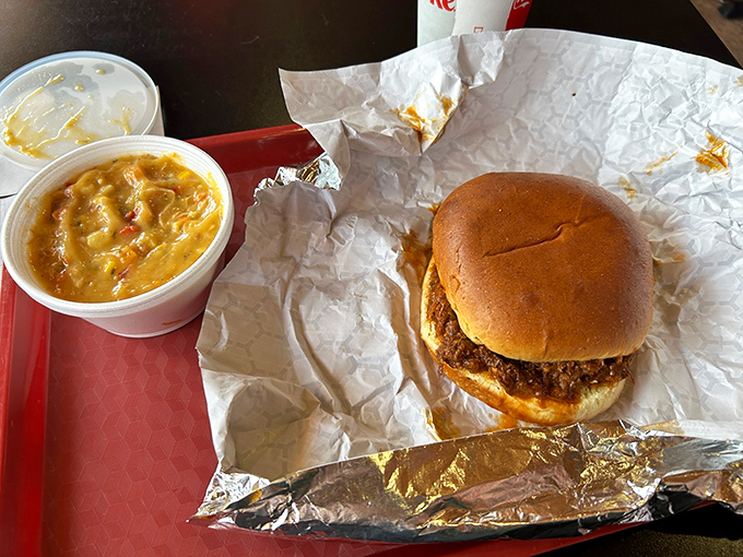The pulled chicken sandwich with mac and cheese—proof that happiness can be held in two hands and requires at least three napkins.
