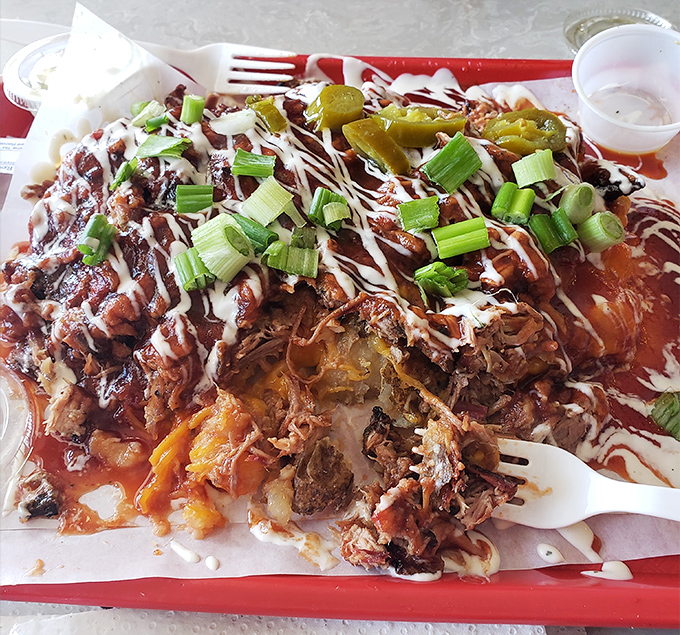 Heaven on a red tray &ndash; pulled pork loaded with sauce, green onions, and jalape&ntilde;os. This isn't just a meal; it's an event worth driving across state lines for.