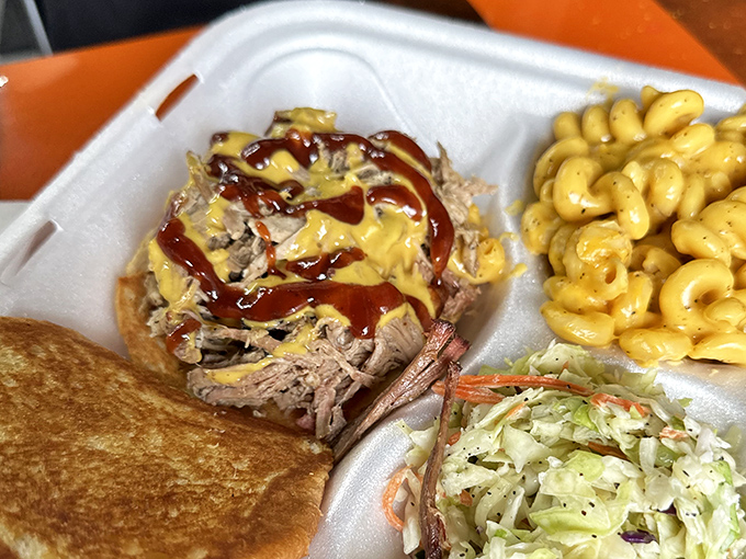 Pulled pork that's had a proper introduction to mustard and BBQ sauce, with mac and cheese that's not playing a supporting role&mdash;it's co-starring.