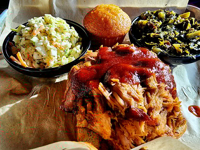 Pulled pork that's had a proper smoke bath, with sides that know their supporting role but still manage to steal scenes.