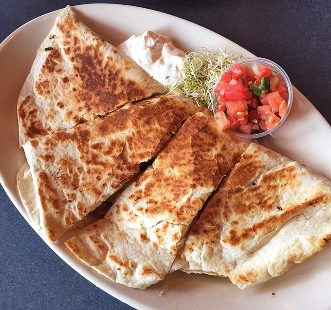 A quesadilla so perfectly grilled it makes you wonder if the chef has a protractor and ruler hidden behind the grill. 