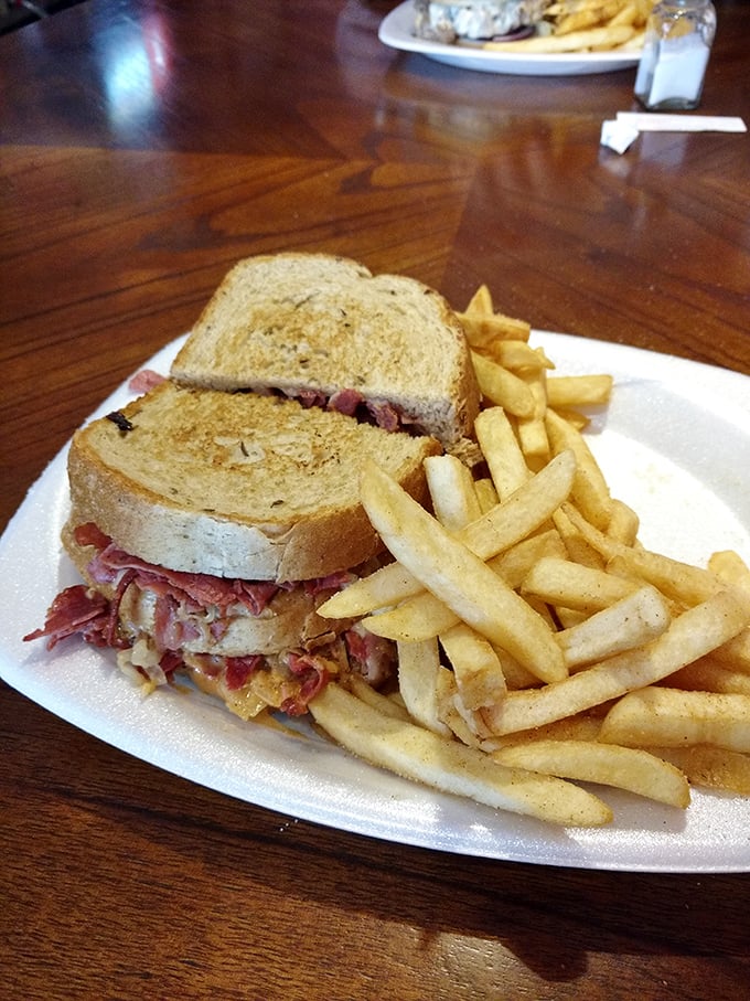 A Reuben sandwich that would make New York delis nervous. That toasted rye bread is just showing off at this point.