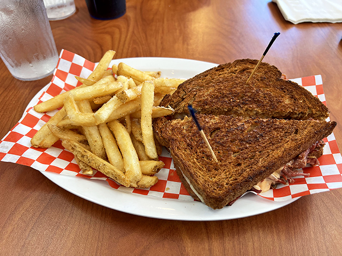 A Reuben sandwich that would make New York delis nervous. Crispy, grilled, and stuffed with enough goodness to require a post-lunch nap.