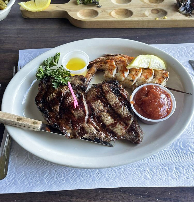 A steak and shrimp combo that makes you wonder why diplomatic negotiations can't be this perfectly balanced and satisfying.