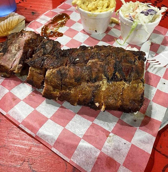 Ribs with that perfect bark, showcasing the pitmaster's skill. The smoke ring is so beautiful it could be framed in a museum.
