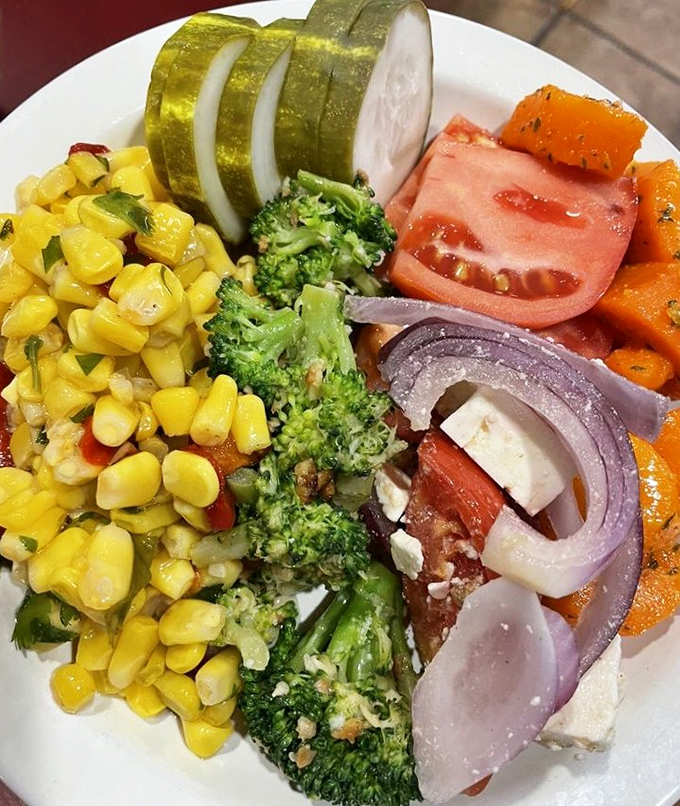 A colorful salad plate that proves healthy eating doesn't mean punishment&mdash;fresh vegetables arranged with the care usually reserved for more indulgent fare.