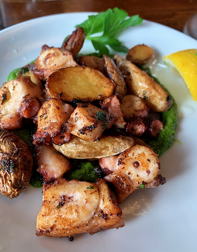 Octopus this tender should be illegal. Paired with crispy potatoes and a vibrant green sauce, it's Mediterranean magic on a plate.