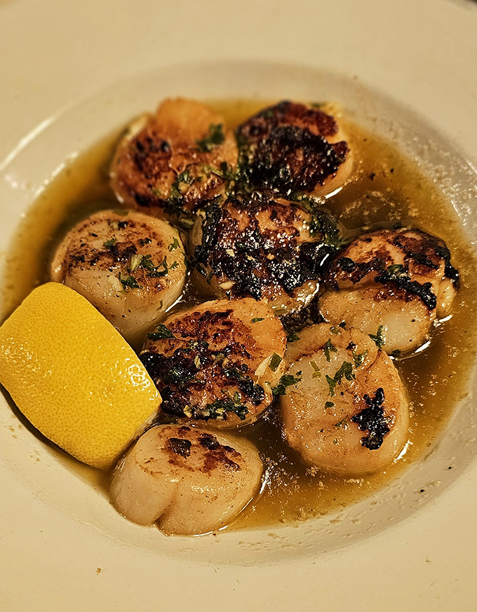 These seared scallops swim in a buttery bath that would make Neptune himself abandon his underwater palace for a table at The Steer Barn.