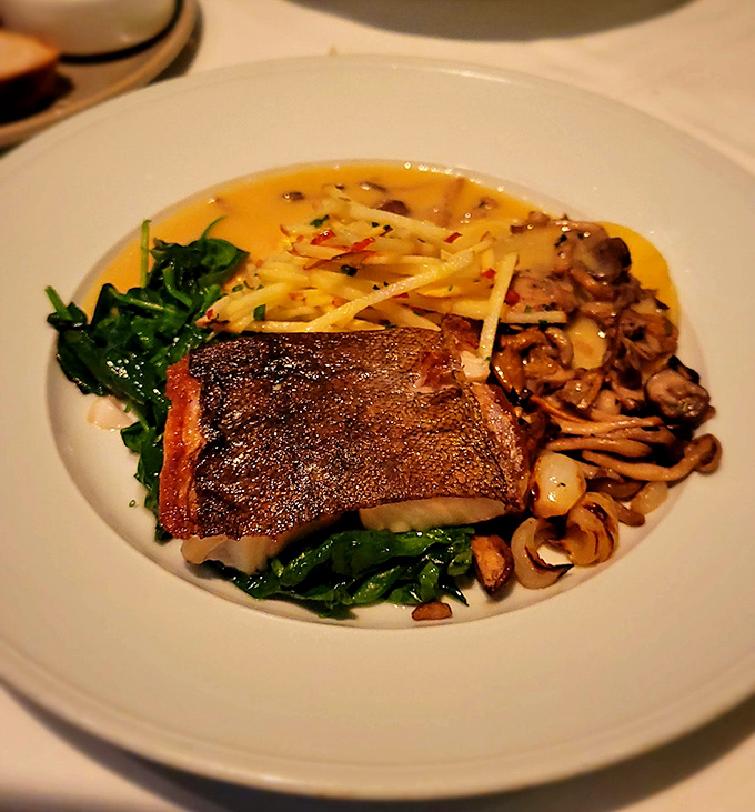 Sea bass that's seared to perfection, surrounded by mushrooms and greens like a delicious aquatic celebrity with a very talented entourage.