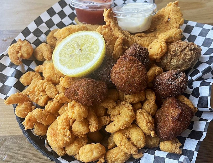 A golden-fried seafood platter that makes you want to high-five the chef and hug the Gulf of Mexico in gratitude.