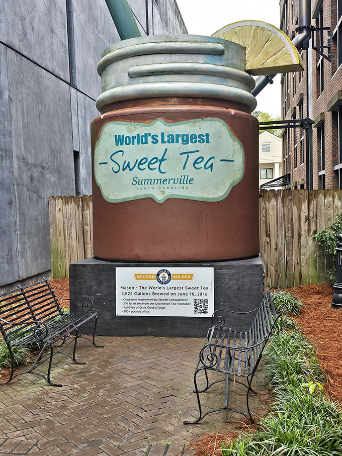 Two benches invite weary travelers to sit and contemplate life's big questions&mdash;like how many actual tea bags went into the record-breaking brew. 