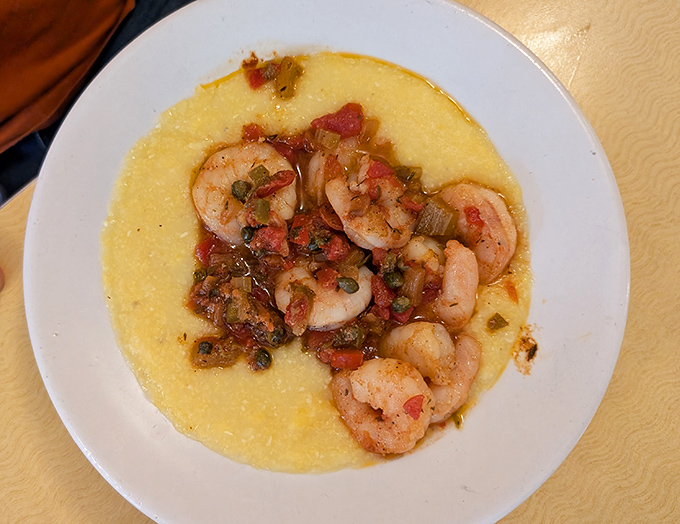 Shrimp and grits that would make a Southerner weep with joy&mdash;plump crustaceans lounging on a creamy cornmeal beach.