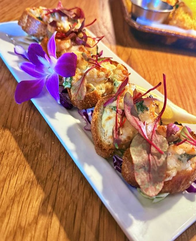 Shrimp crostini presents itself like edible art &ndash; almost too pretty to eat, but resistance is futile.