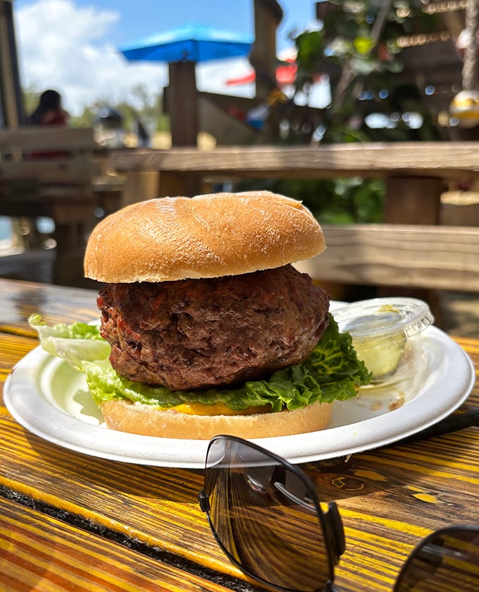 Behold the famous sirloin burger in all its unadorned glory. No fancy toppings needed when the beef speaks this eloquently for itself. 