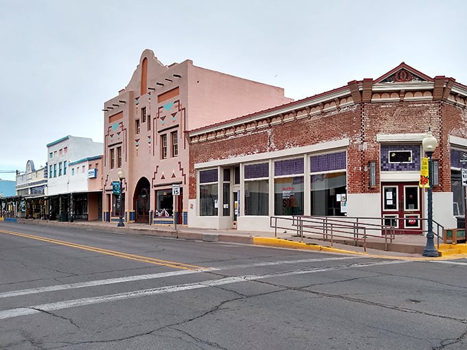 Historic storefronts line up like actors in a Western, each one playing its architectural part to perfection.