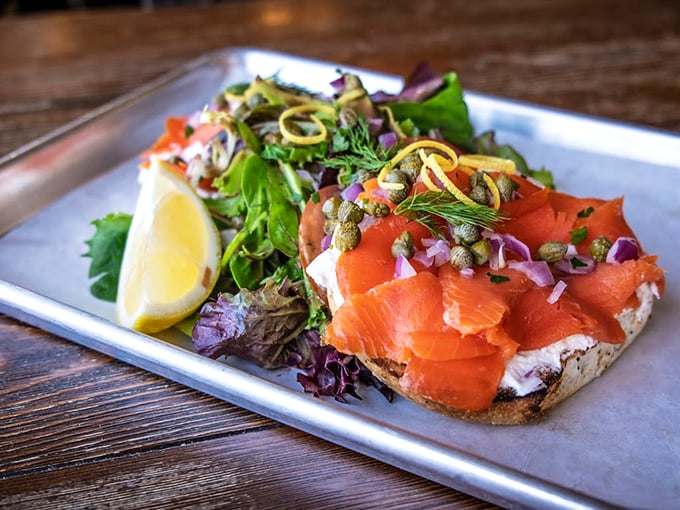 Smoked salmon that looks so fresh it might still have its LinkedIn profile up. Paired with capers and cream cheese on toasted perfection.