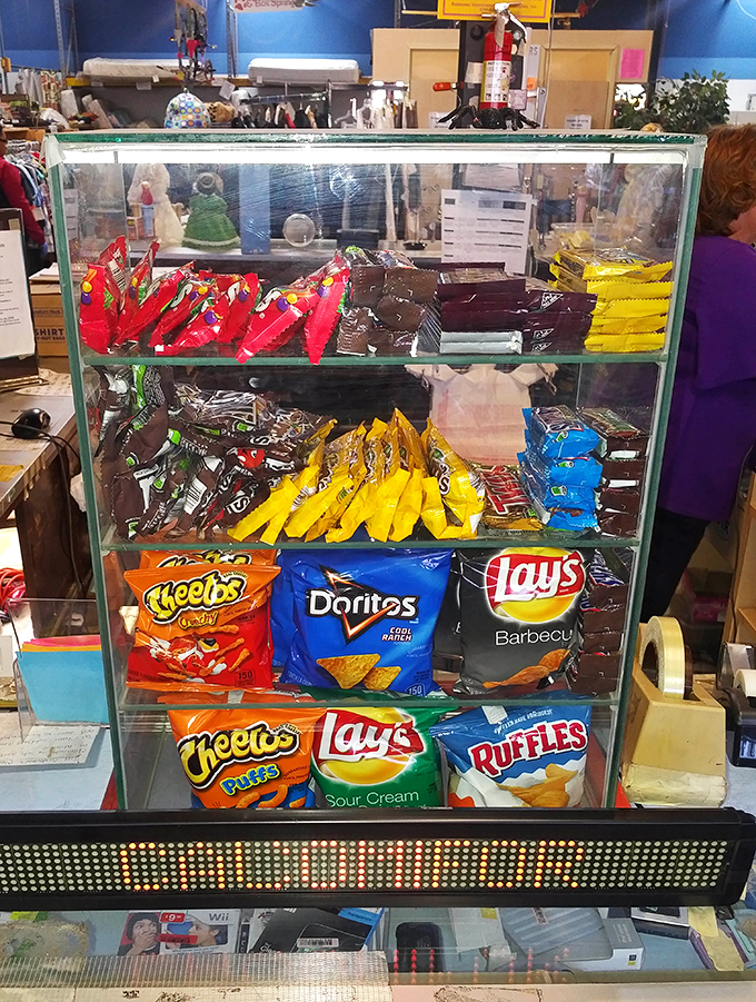 The snack display that answers the eternal question: "Can I thrift-shop AND satisfy my Doritos craving?" Yes, yes you can.