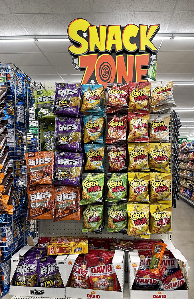 The "Snack Zone" isn't just an area&mdash;it's a destination. BiGs and Corn Nuts standing at attention like colorful, crunchy soldiers awaiting your selection.