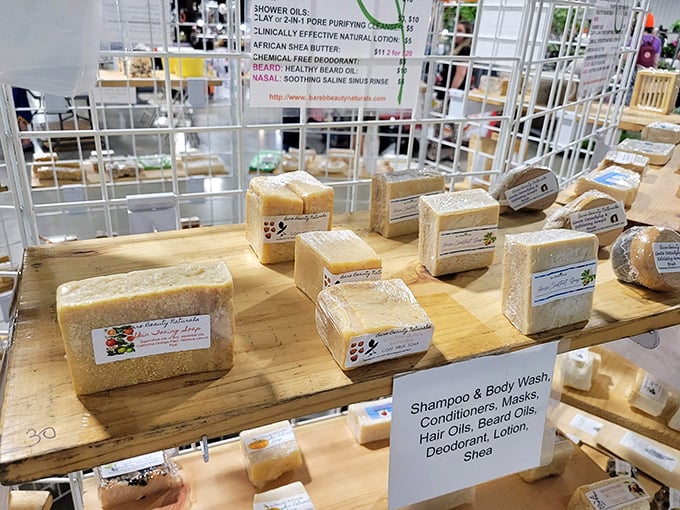 Artisanal soaps lined up like edible treats. Your nose might convince you they're desserts, but your shower will thank you for the distinction.